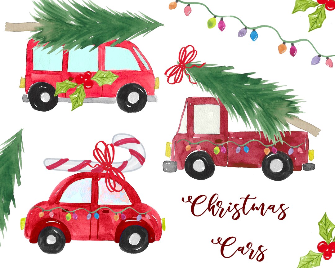 Christmas Cars Clip Art Watercolor Handpainted Holly Digital Clipart ...