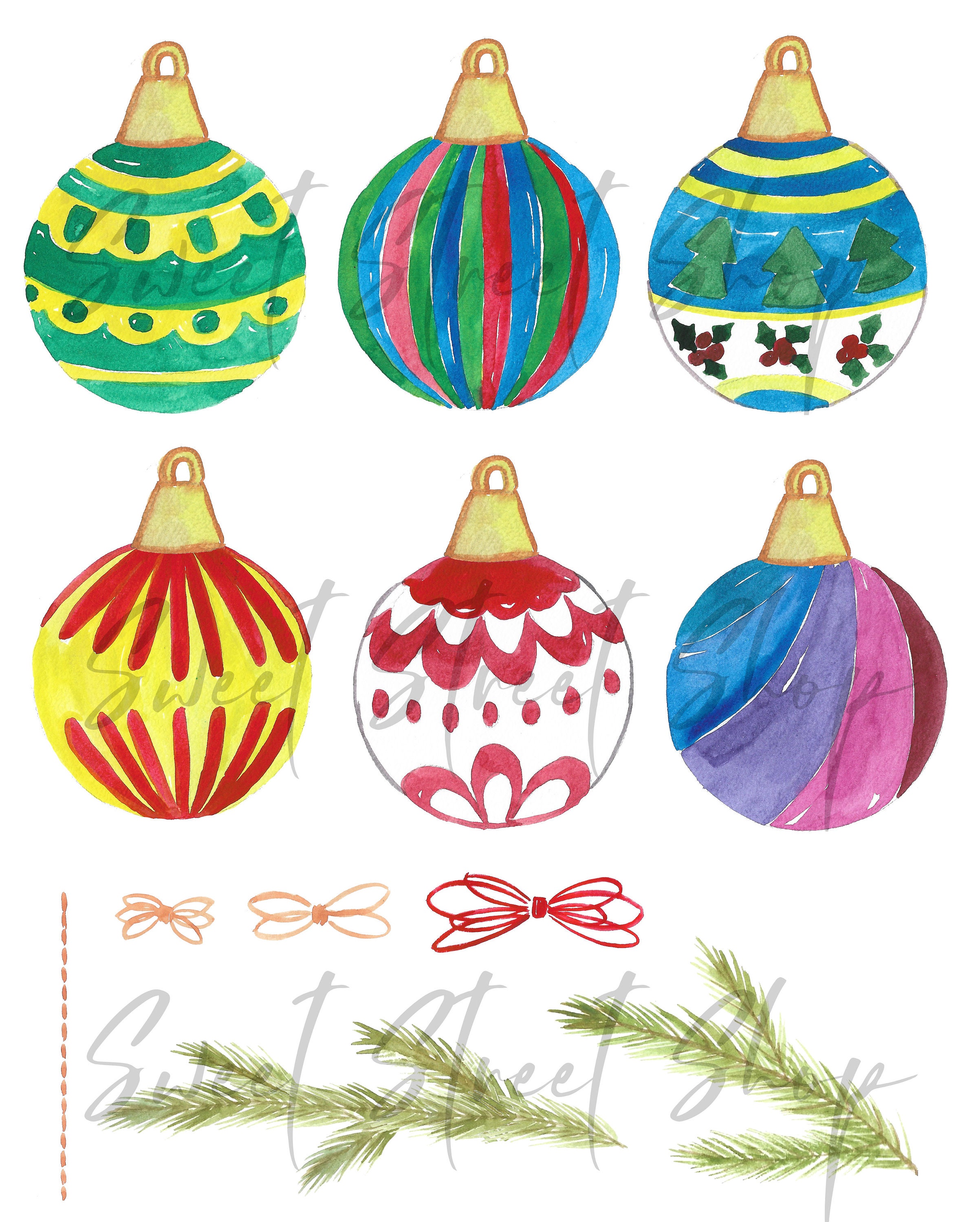 Christmas Ball Clip Art Watercolor Handpainted Holiday Pine Digital ...