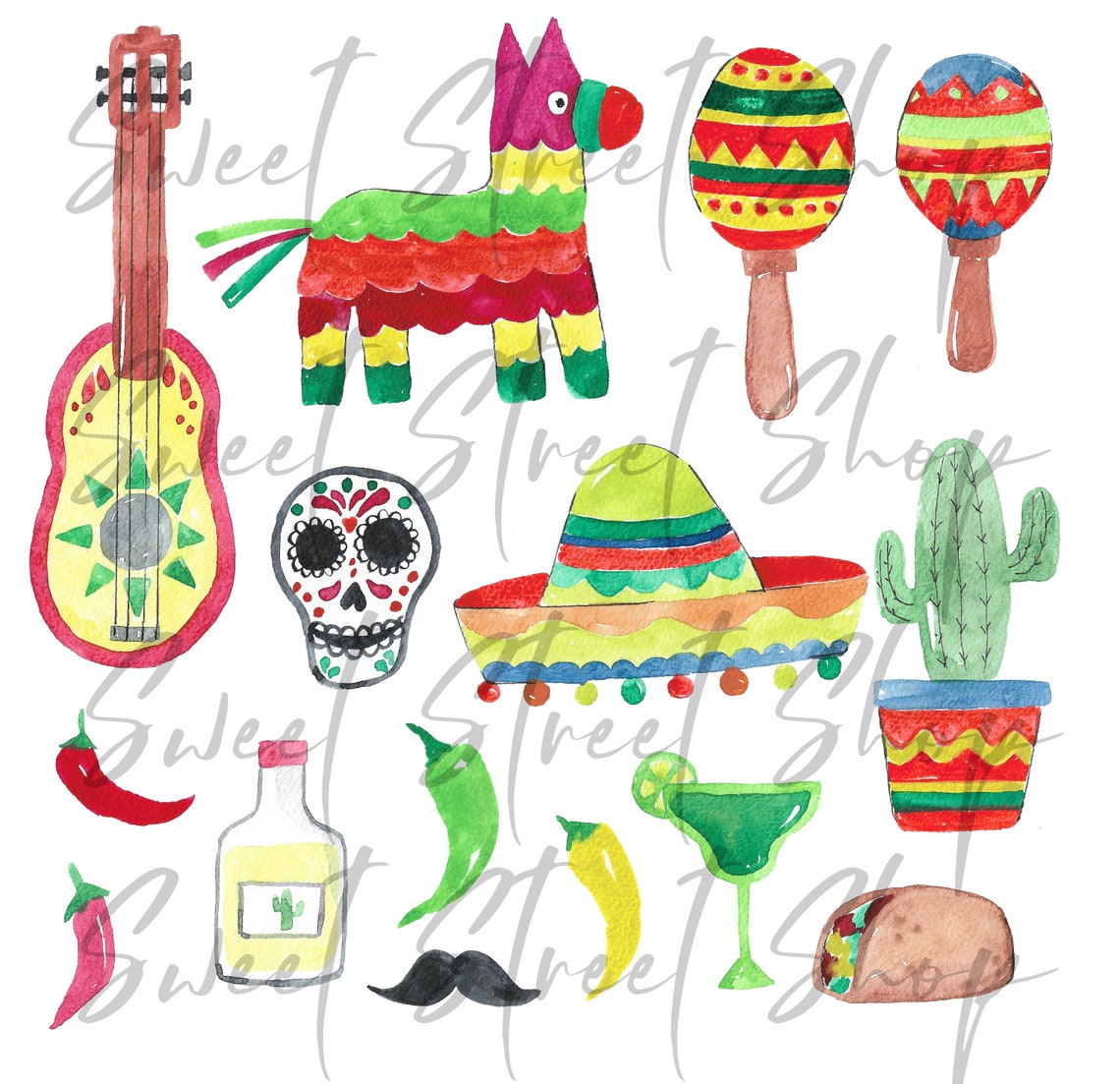 Fiesta Clip Art Watercolor Handpainted Digital Clipart Taco Cinco De ...