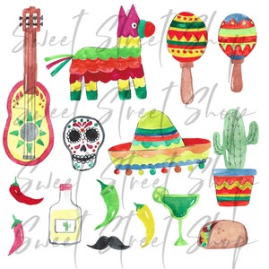 Fiesta Clip Art Watercolor Handpainted Digital Clipart Taco Cinco De ...