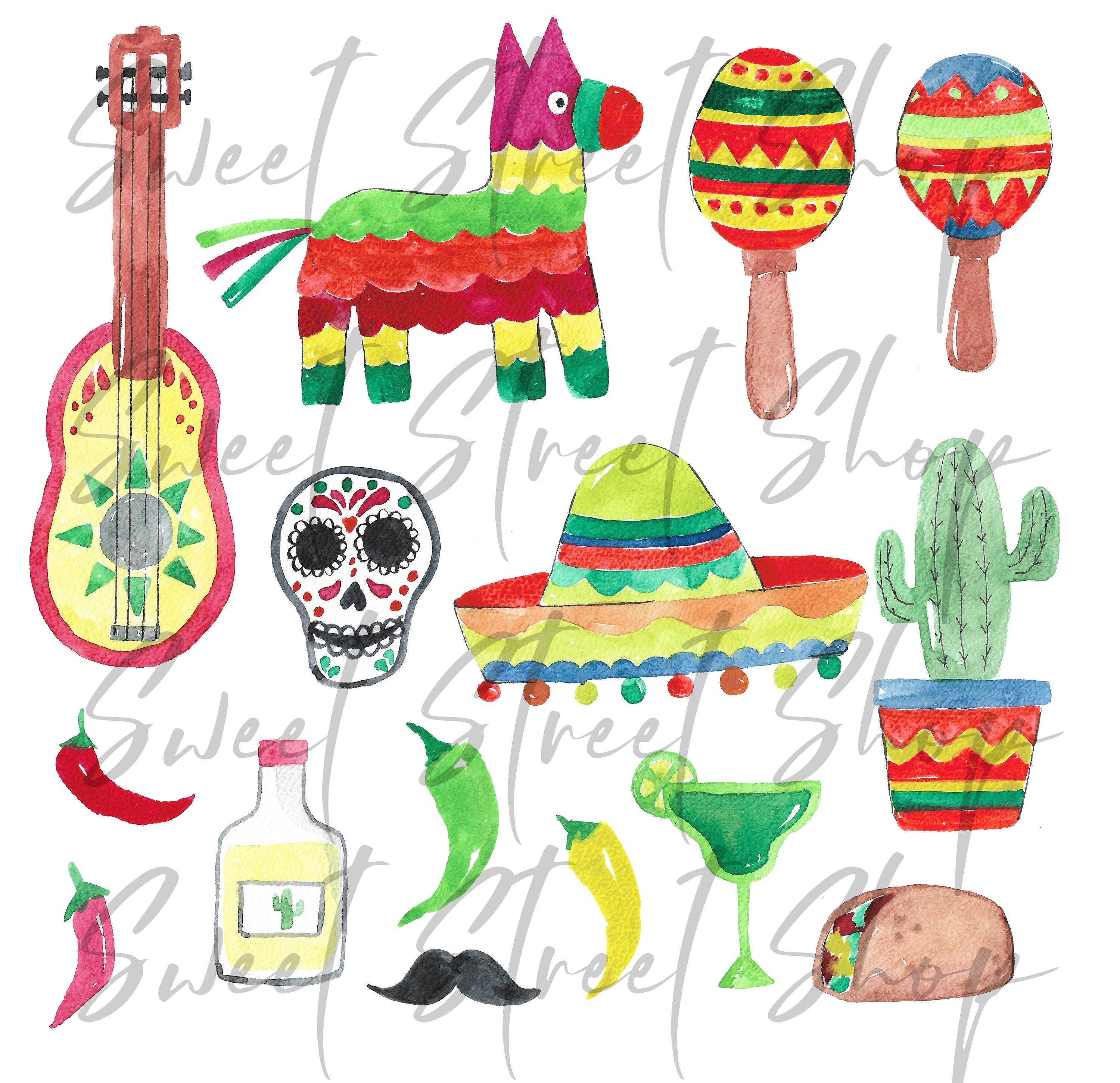 Fiesta Clip Art Watercolor Handpainted Digital Clipart Taco Cinco De ...