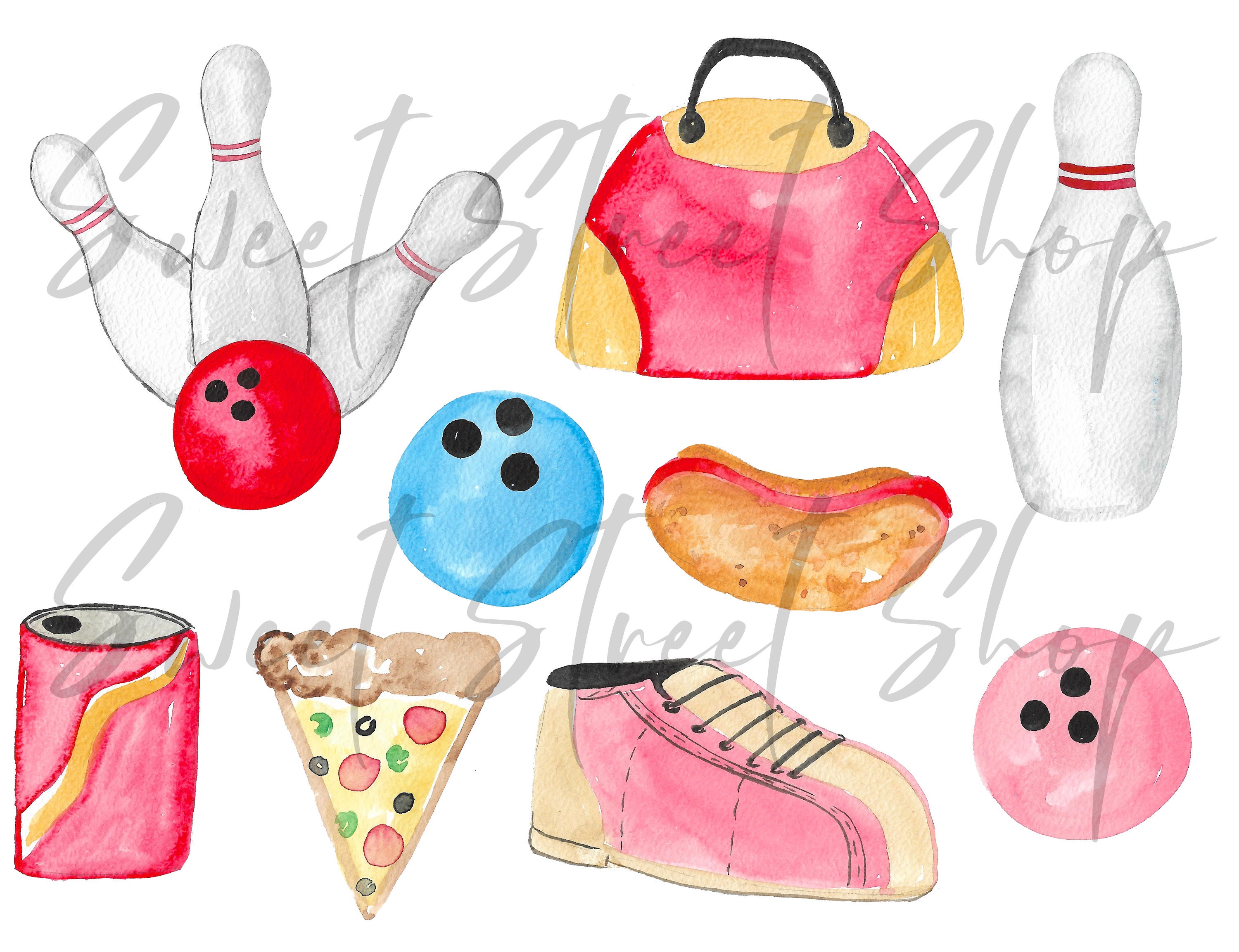 Bowling Clip Art Watercolor Handpainted Digital Clipart Sports Download ...