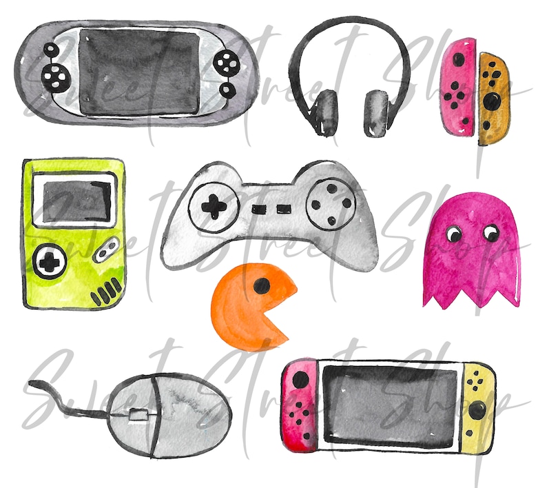 Video Games Clip Art Watercolor Handpainted Digital Clipart Computer ...