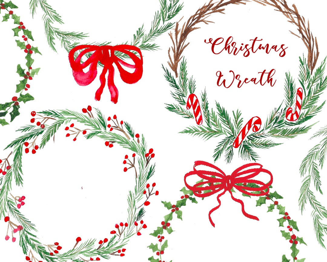 Wreath Christmas Clip Art Watercolor Handpainted Holly Digital Clipart ...