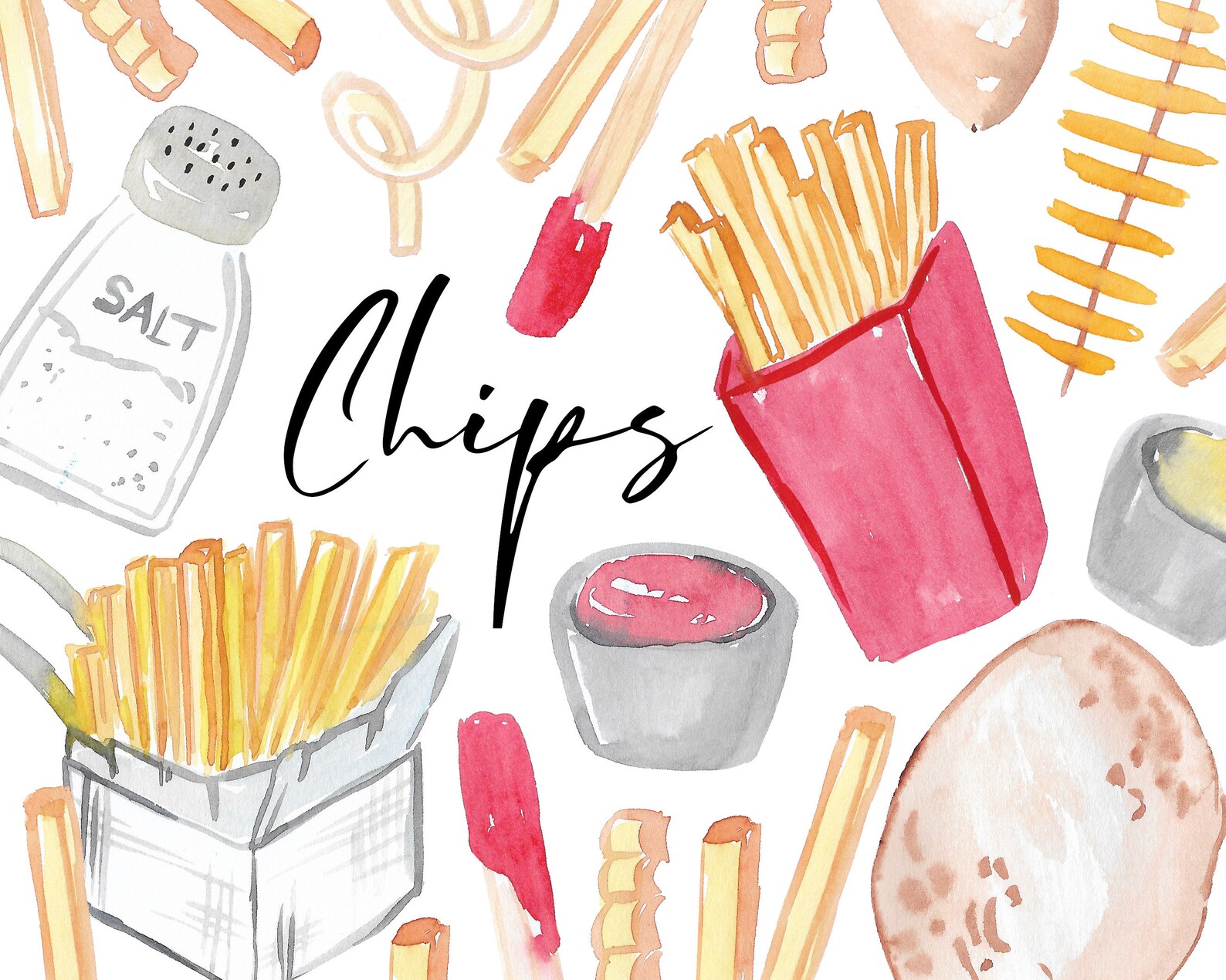 French Fries Watercolor Handpainted Digital Clipart Chips Fast - Etsy