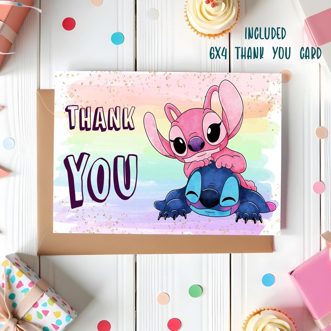 Thank You Card Stitch Angel, Birthday Rainbow Party, Kids Carte Instant ...
