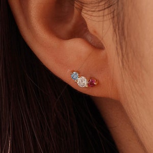 Birthstone Stud Earrings 3 Birth Month Stone Custom Dainty Earrings Personalized Birth Stone Earrings Grandma Mom Gift for Her Etsy