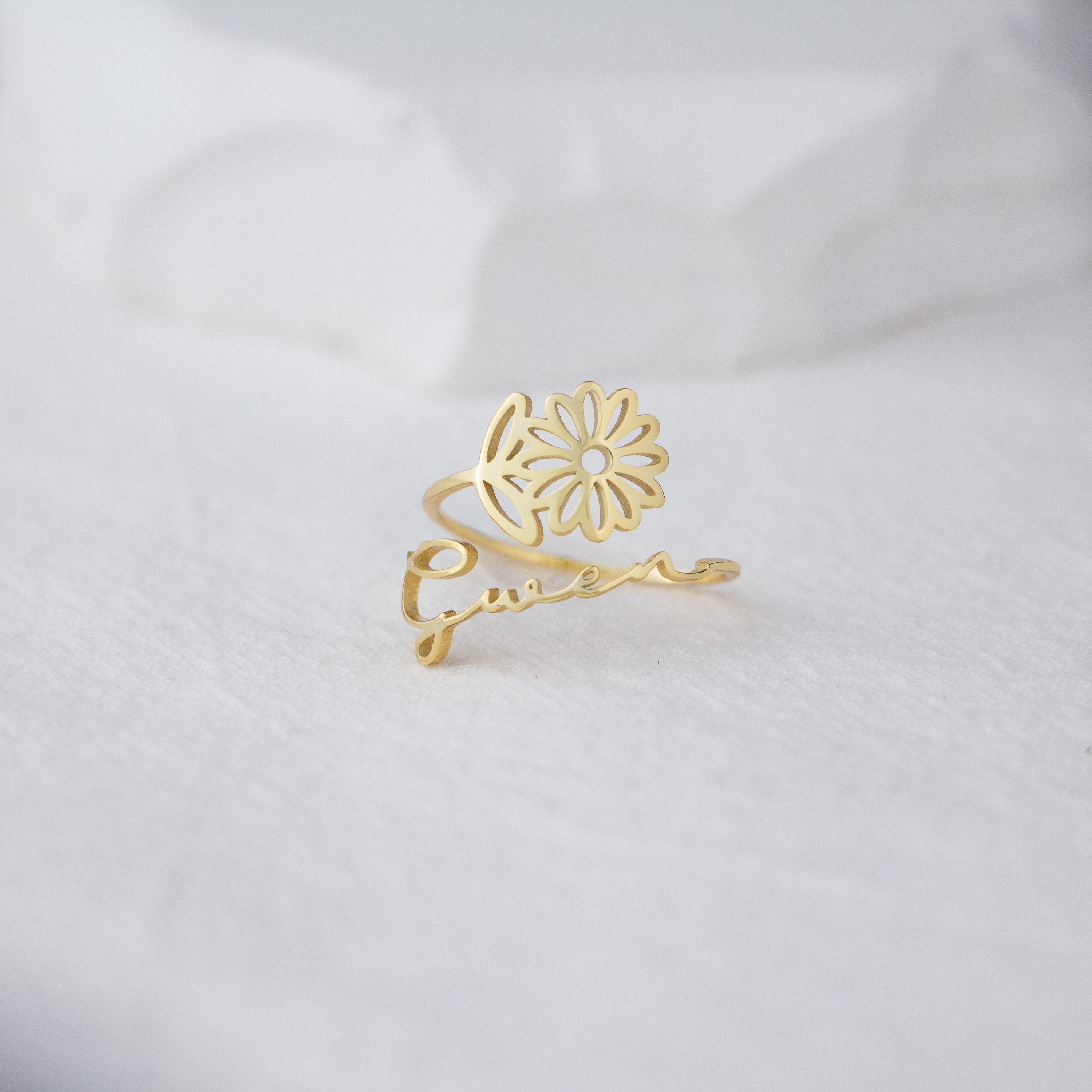 Birth Month Flower Name Ring in Gold / Silver / Rose Gold, Dainty ...
