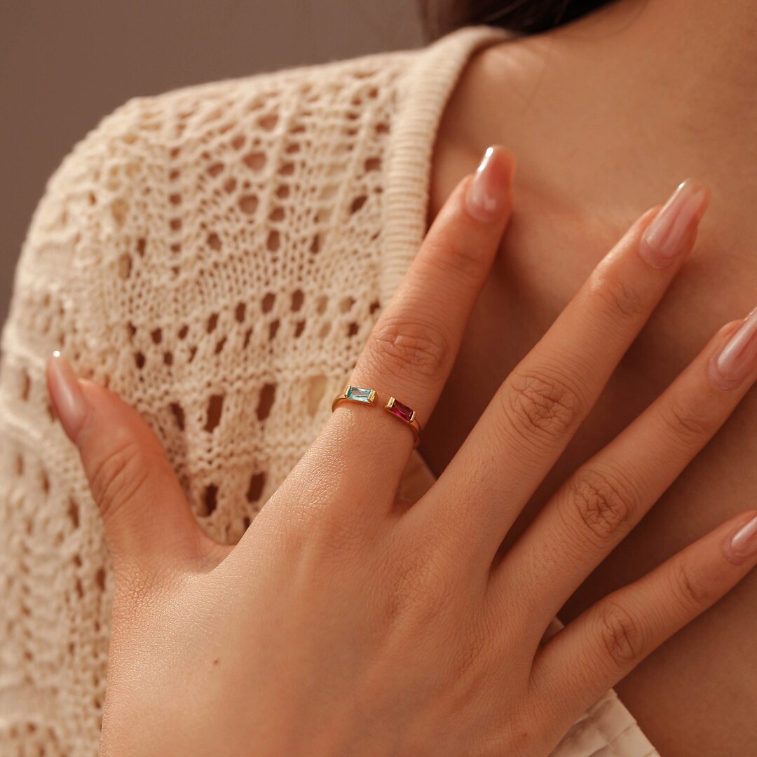 Dual Baguette Birthstone Ring, Minimalist Mother Grandma Ring Gift ...