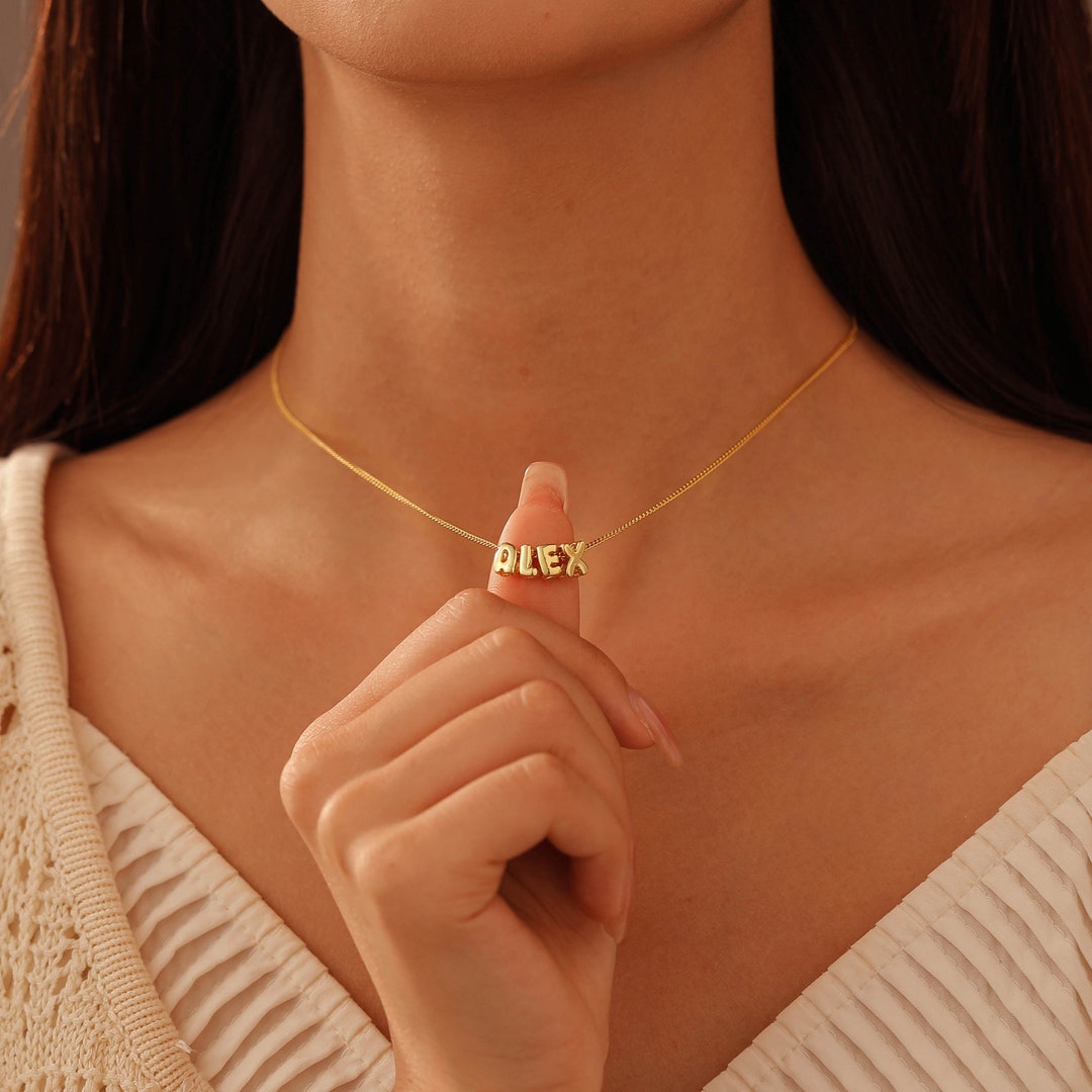 3D Bubble Name Necklace, Puff Initial Charm Personalized Jewelry Gift ...