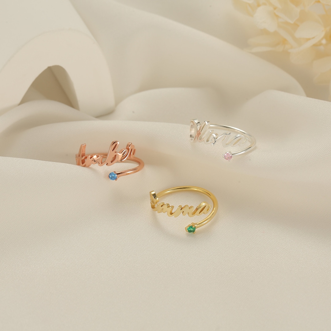 Minimalist Birthstone Name Ring, Personalized Gold Ring Gift for Women ...