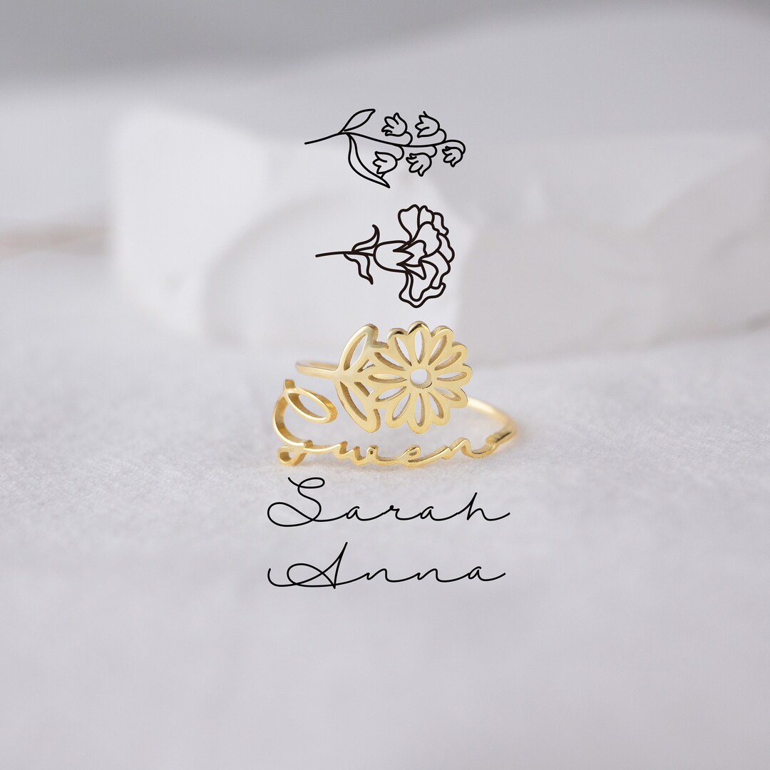 Birth Month Flower Name Ring in Gold / Silver / Rose Gold, Dainty ...