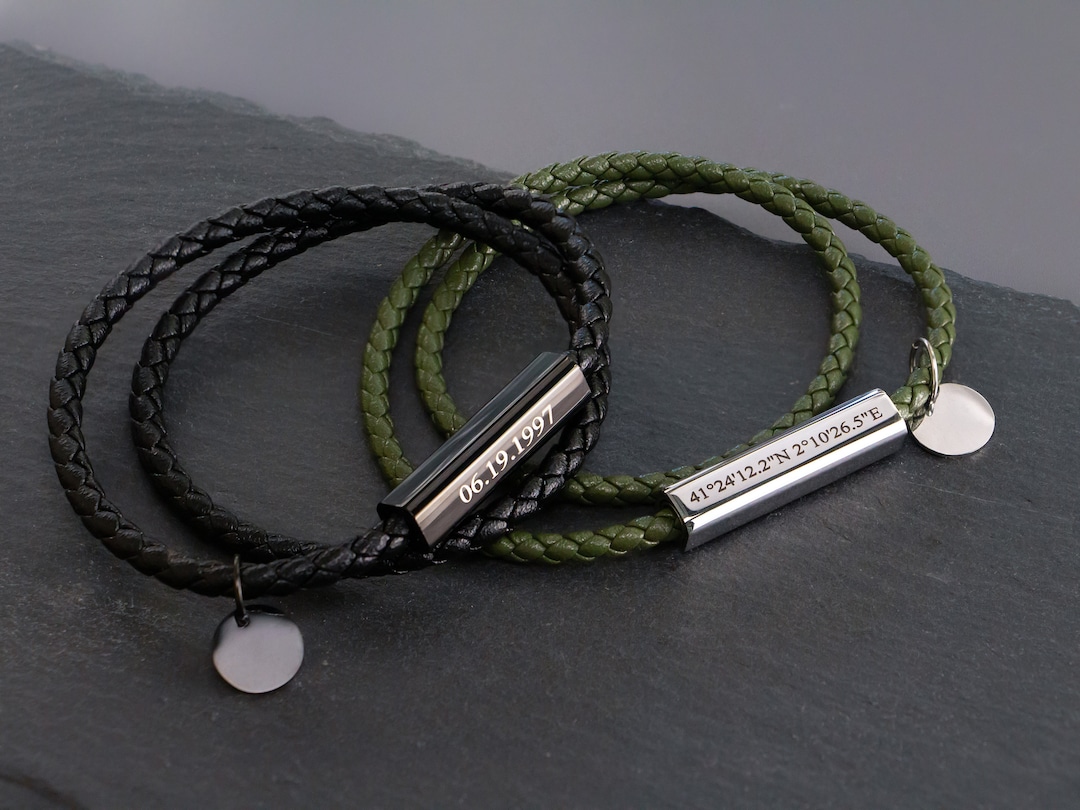 Custom Layered Leather Bracelet, Personalized Engraved Mens Bracelet ...
