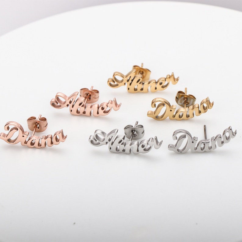 Personalized Name Stud Earrings Custom Gift Name Earring in Gold / Rose Gold / Silver Minimalist ...