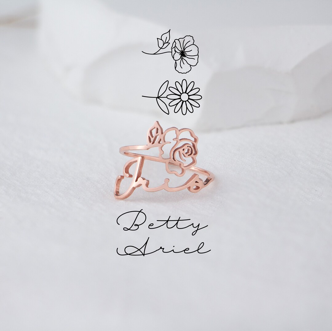Birth Flower Name Ring in Gold / Silver / Rose Gold, Dainty Handmade ...
