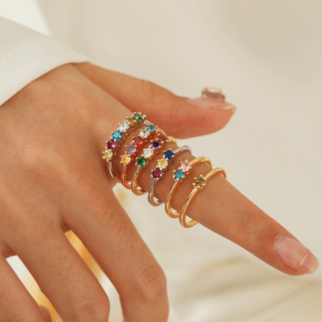 Dainty Birthstone Ring, Round Family Birthstone, Mother Grandma Ring ...