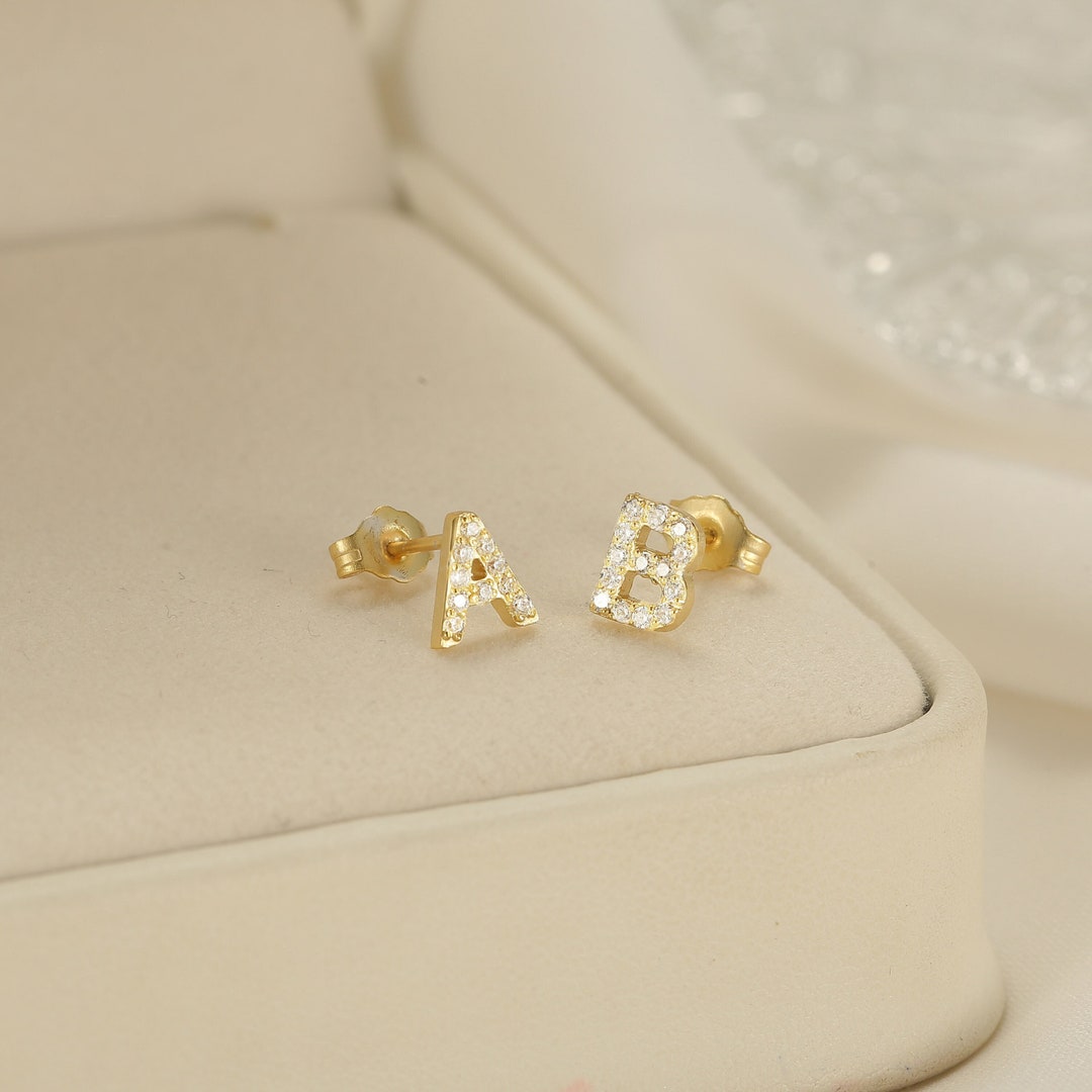 Pave Initial Stud Earrings, Custom Letter Studs in Gold | Silver | Rose Gold, Sterling Silver ...