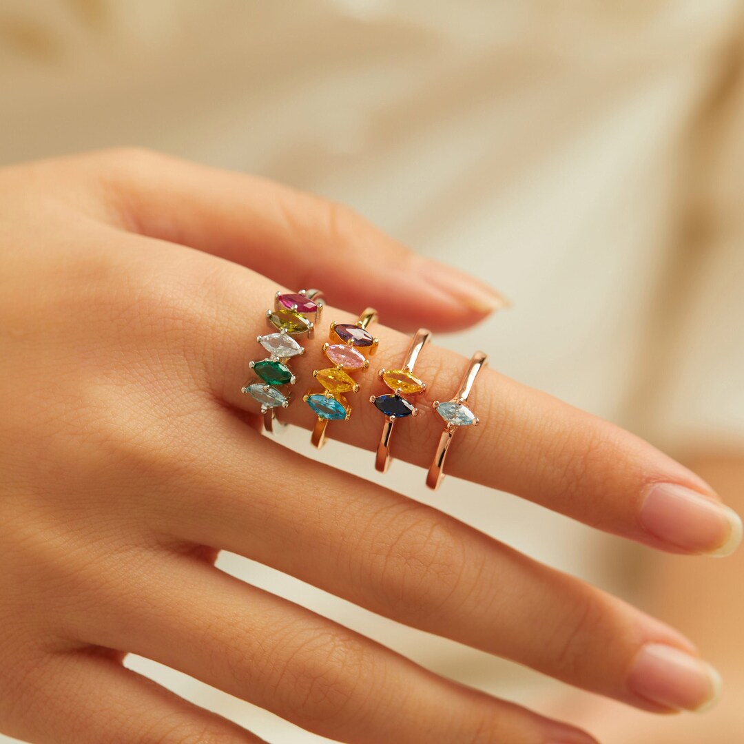 Dainty Birthstone Ring, Rhombus Diamond Family Birthstone, Mother ...