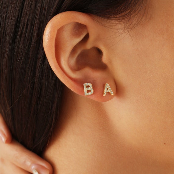 Pave Initial Stud Earrings Custom Letter Studs in Gold Silver Rose Gold Sterling Silver Hypoallergenic Cursive Serif Old English Studs Etsy