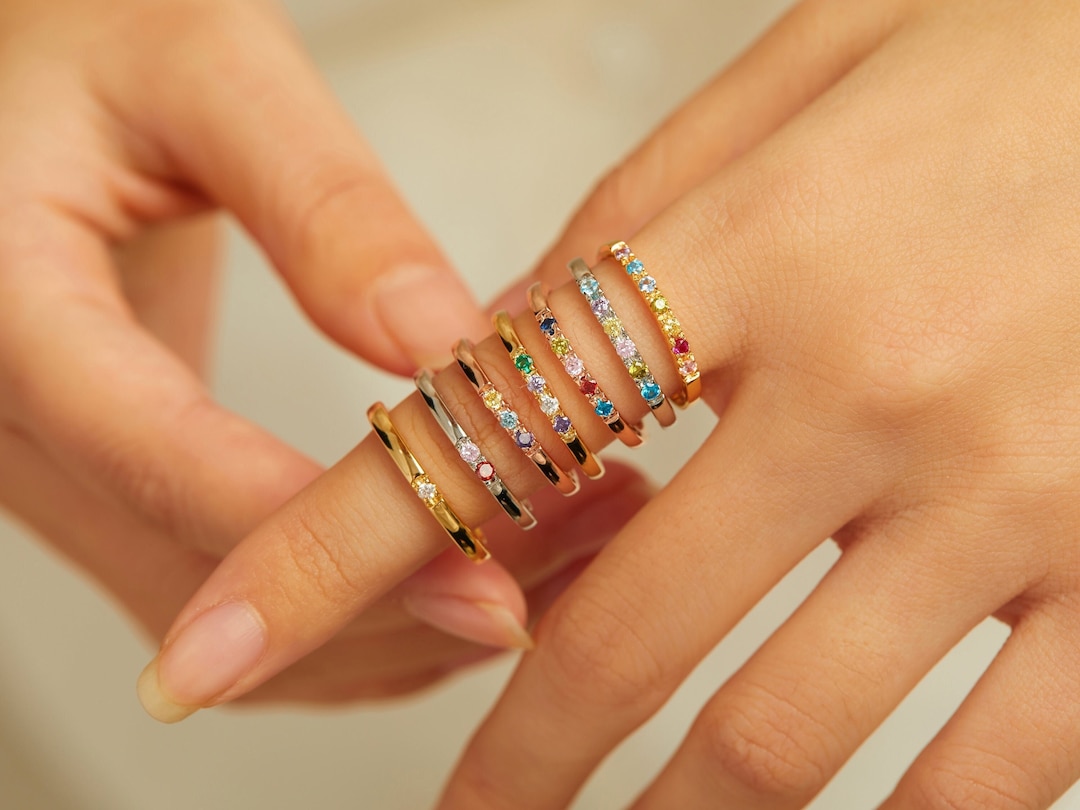 Dainty Birthstone Ring, Round Family Birthstone, Mother Grandma Ring ...