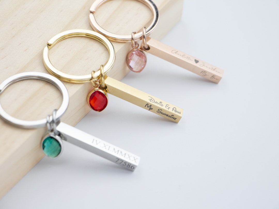 Personalized Engraved Bar Keychain With Birthstone in Gold / Silver ...