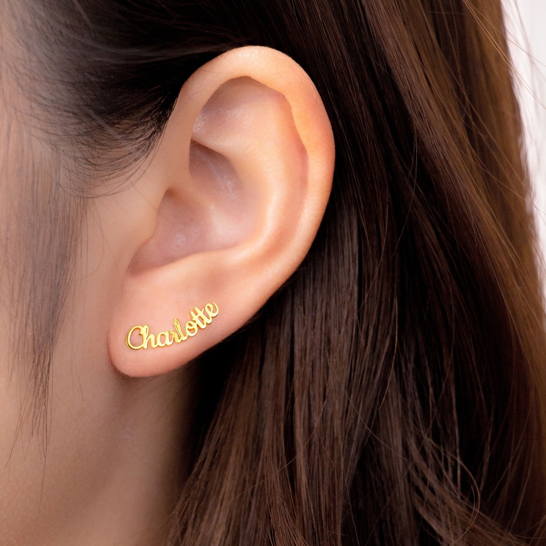 Personalized Name Stud Earrings Custom Gift Name Earring in Gold / Rose Gold / Silver Minimalist ...