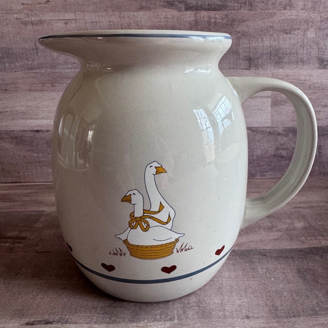 Country Geese Pitcher, 40 Oz Blue Stripe, Red Hearts, White Geese/ducks ...
