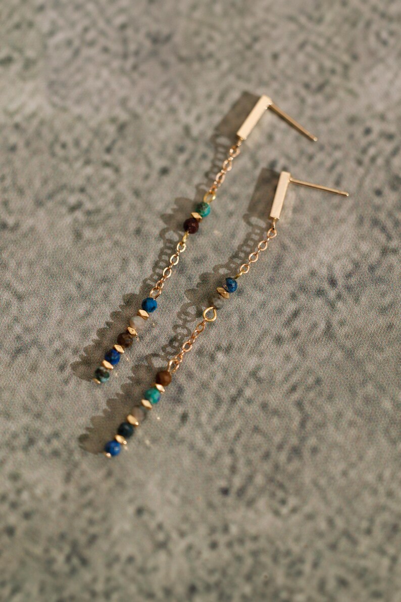 Raindrop | Azurite & African Turquoise Long Dangle Earrings, Dainty ...