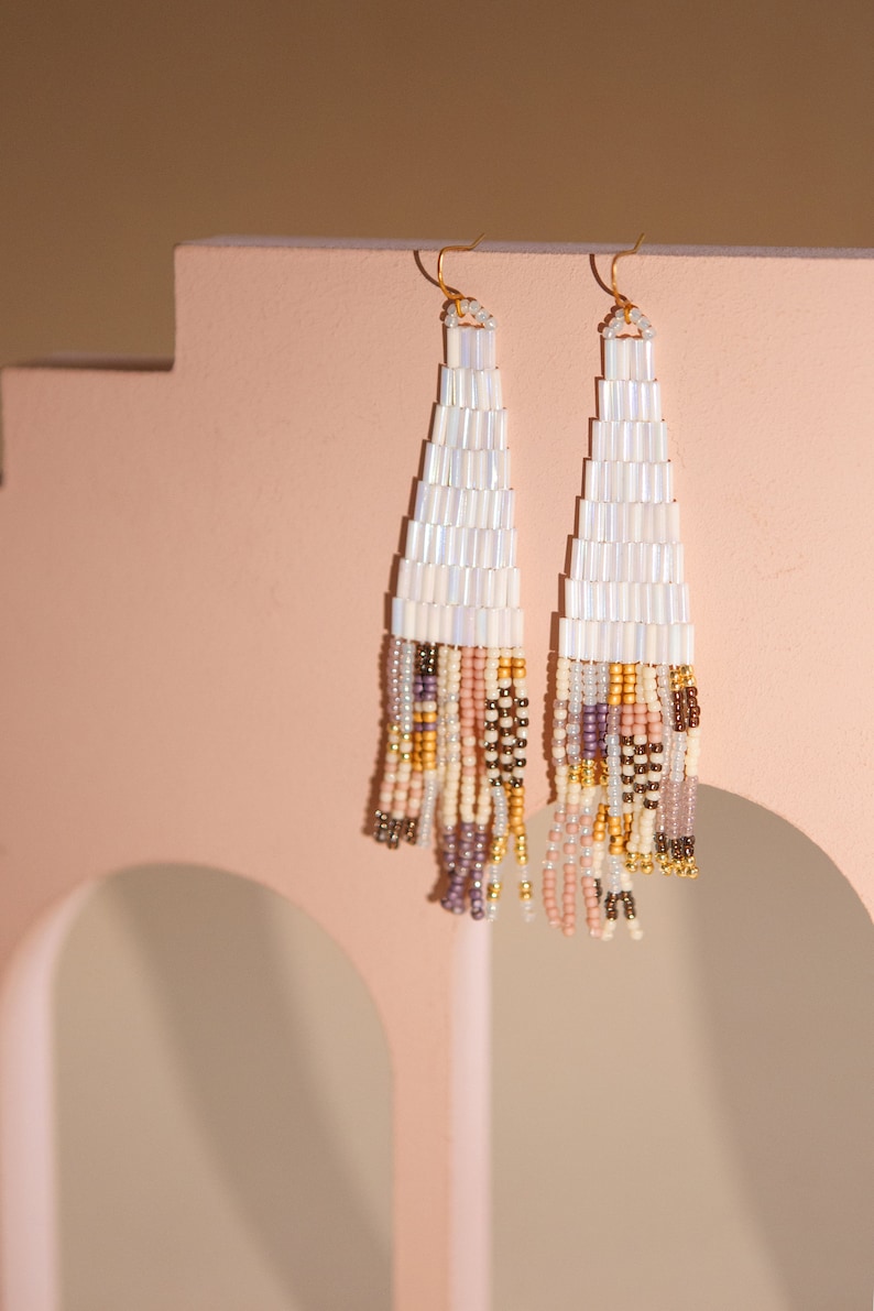 Kori Japanese Seed Bead Fringe Earrings, Pastel Holographic Abstract ...