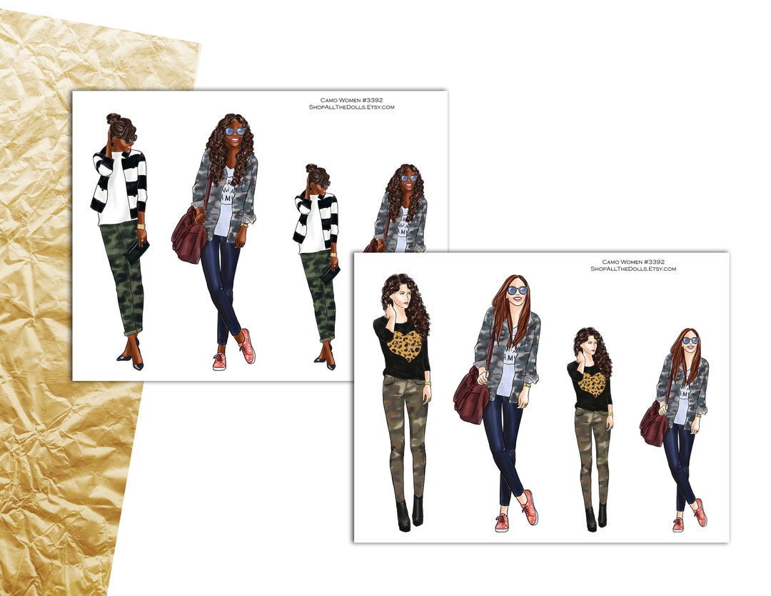 Fashion Dolls in Camo - Black Girl Stickers - Planner Dolls ...