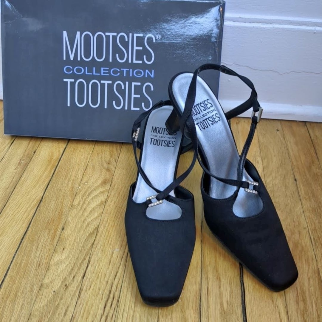 New in Box Vintage 90s Black Satin Heels Slingback Rhinestone Formal ...