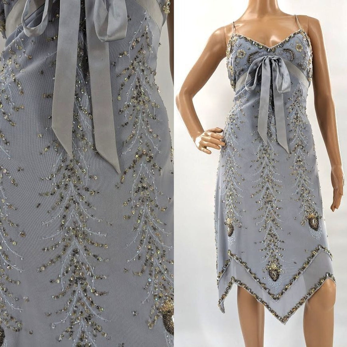 Vintage Y2k Sue Wong Siren Dress Gray Mesh Beaded Sequins Fairycore ...