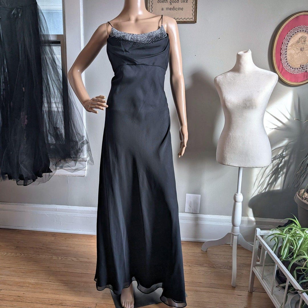 Vintage 90s Cache Prom Gown Beaded Black Cowl Siren Whimsygoth Formal ...