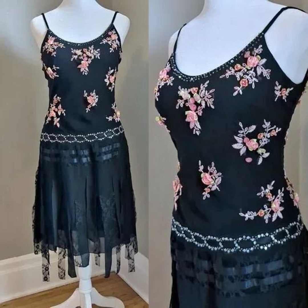 Vintage Y2k Sue Wong Silk Dress Floral Applique Fairycore Rhinestone ...