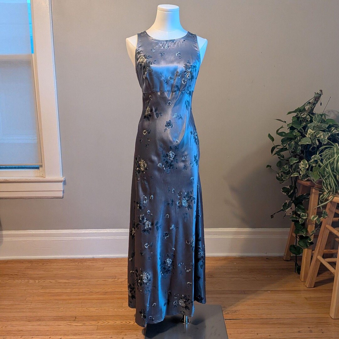 Vintage 90s All That Jazz Silky Maxi Dress Blue Floral Gown Fairycore ...