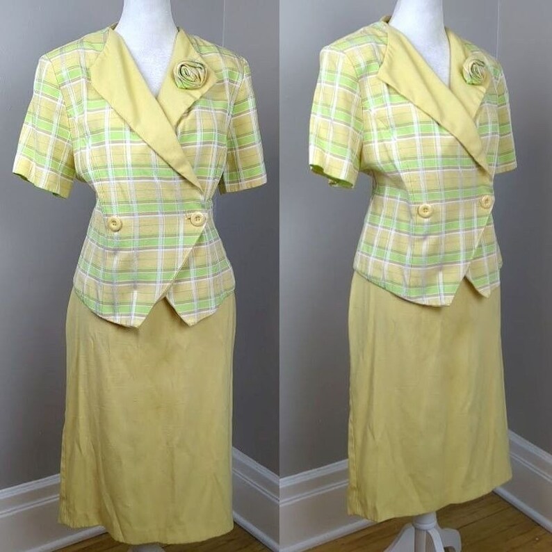 Vintage 90s Sweet Suit Skirt Suit Set Yellow Plaid Size 12 - Etsy