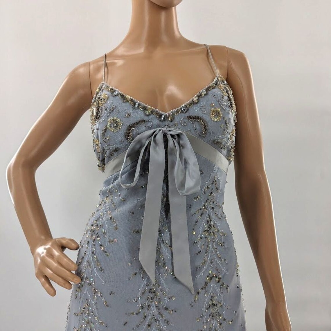 Vintage Y2k Sue Wong Siren Dress Gray Mesh Beaded Sequins Fairycore ...