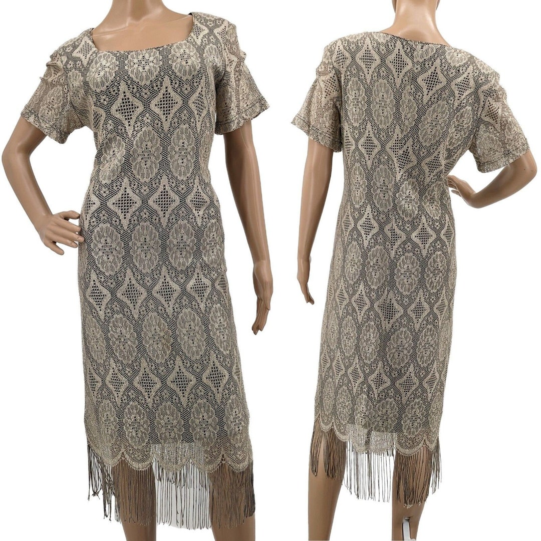 Vintage 90s Helene Blake Gold Tan Midi Dress Crochet Fringe Hippy ...