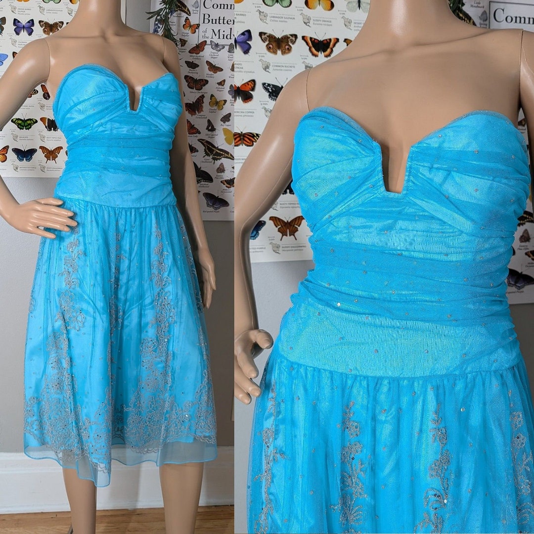 Vintage Y2k Niki Livas Formal Dress Strapless Mesh Floral Beaded Blue ...