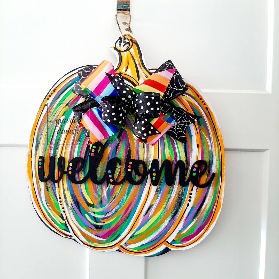 Whimsical Pumpkin Door Hanger, Halloween Pumpkin Decor, Colorful ...