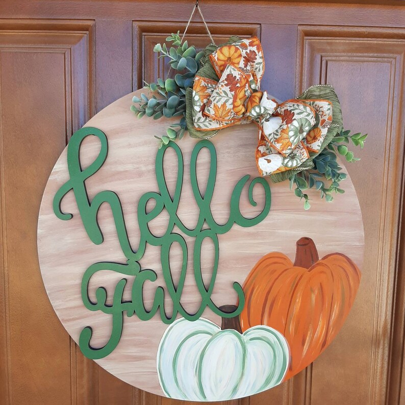 Hello Fall Door Hanger, Door Hanger Pumpkin, Door Hanger Green and ...