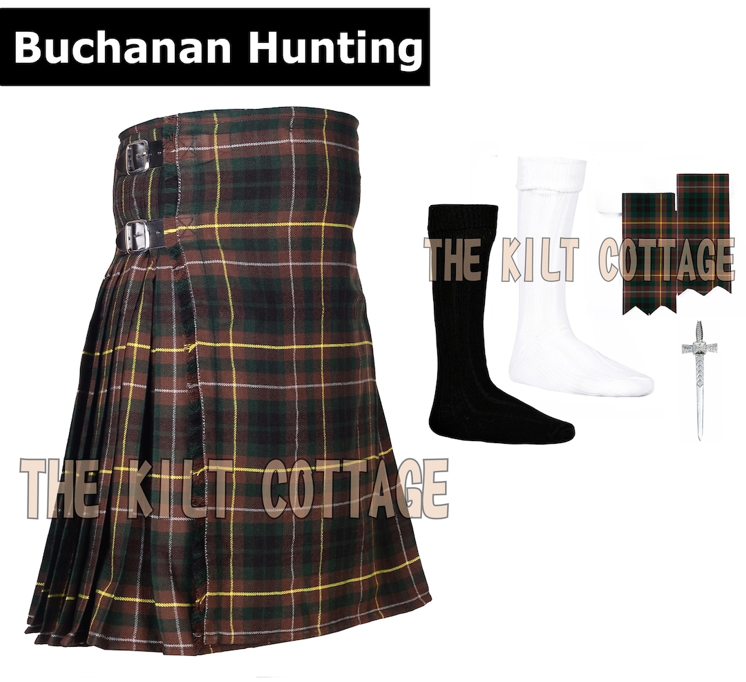 Scottish Buchanan Hunting 8 Yard Tartan Kilt - Traditional Handmade ...