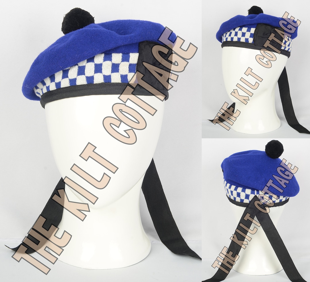 Scottish Balmoral Diced Bonnet Hat - KILT Cap - Blue White Cap - 100% ...