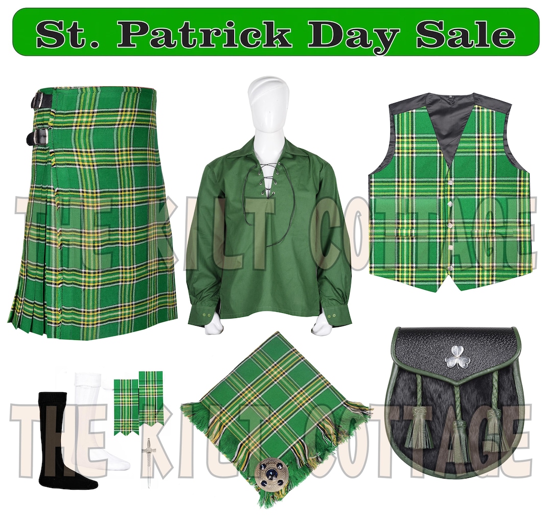 St Patrick Day Kilt Package - Scottish Mens 8 Yards Kilt - Ghillie ...