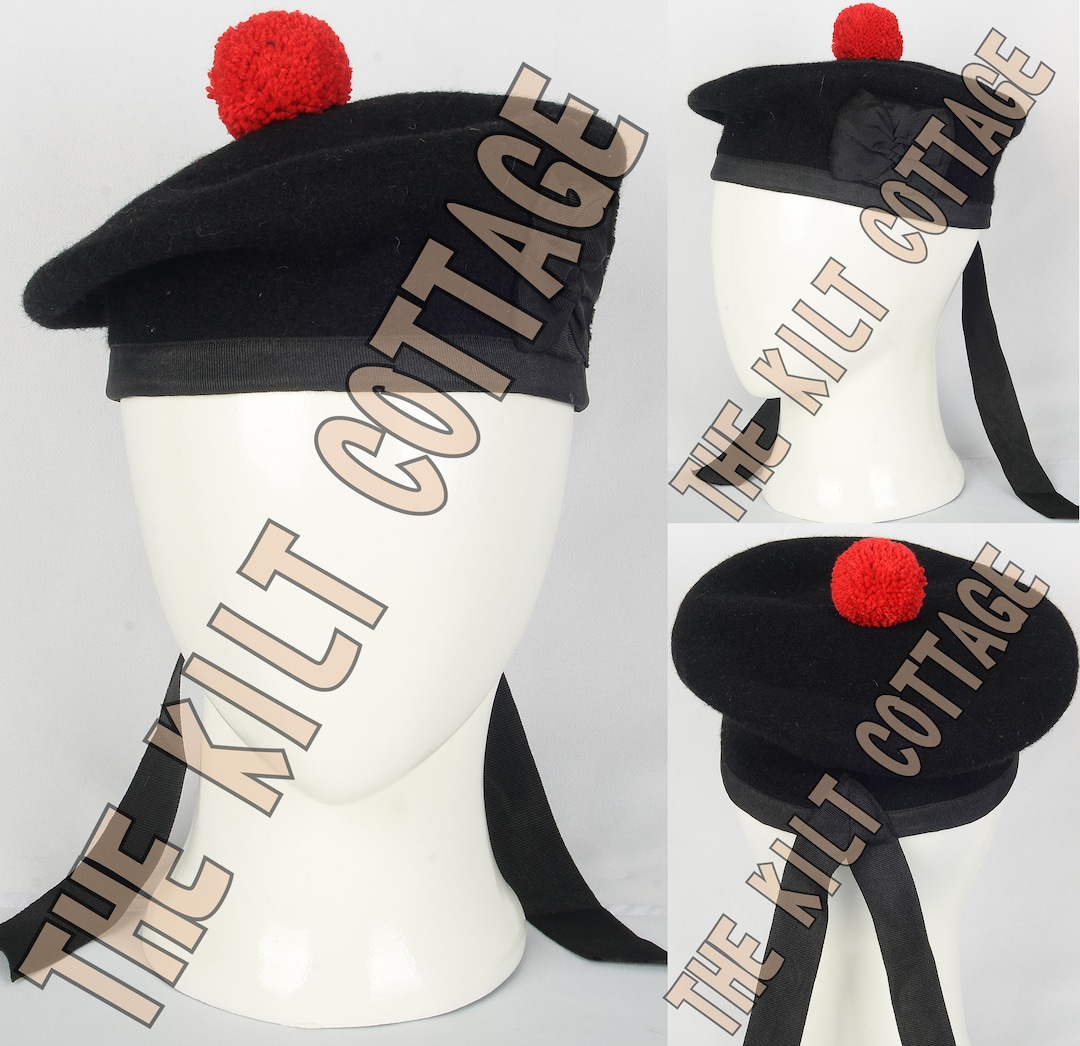 Scottish Balmoral Bonnet Hat - KILT Cap - Plain Black Cap - 100% Wool ...