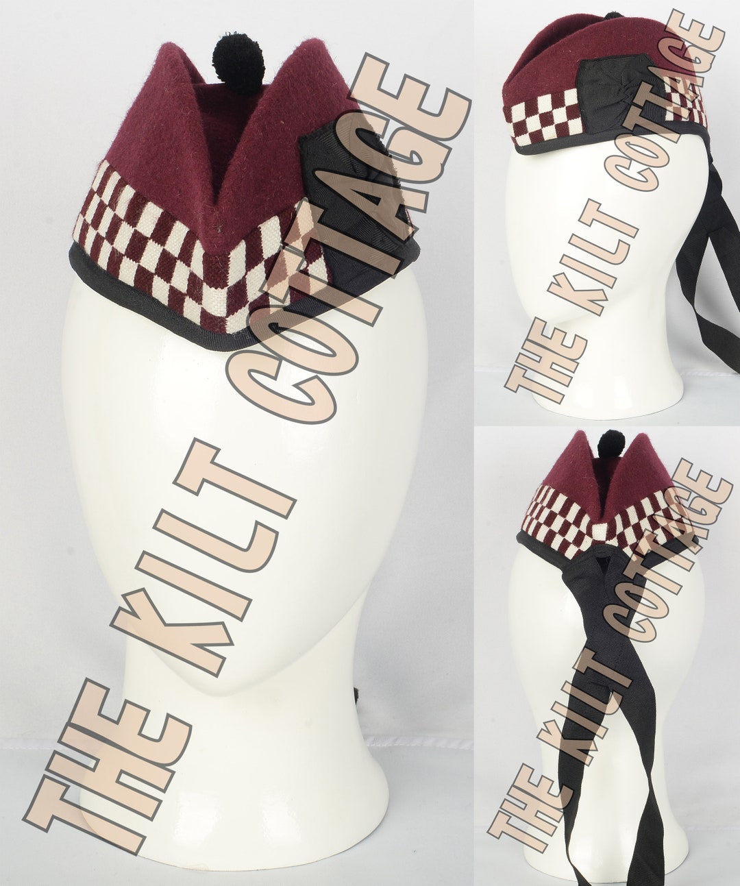 Scottish Glengarry Bonnet Hat - Maroon White Diced KILT Cap - British ...