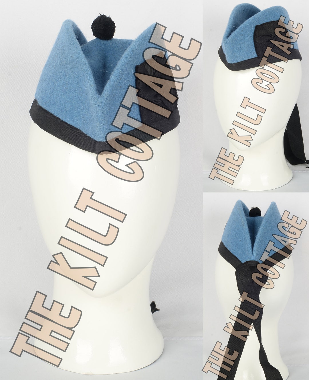 Scottish Glengarry Bonnet Hat - Plain Sky Blue Cap - 100% Wool British ...