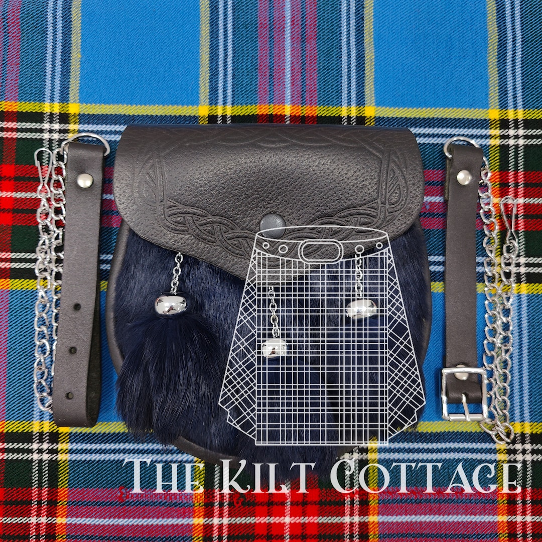 Scottish Black Leather Semi Dress Sporran - Blue Rabbit Fur Sporran ...