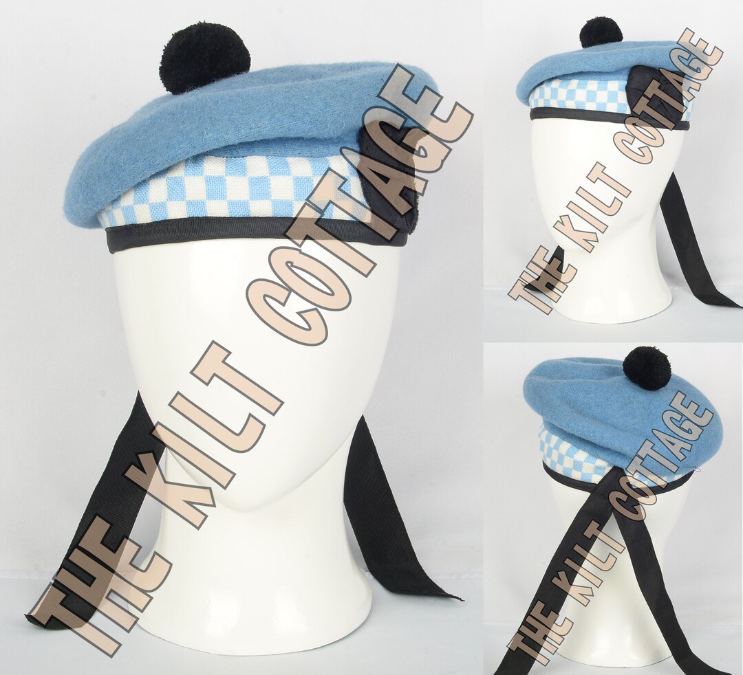 Scottish Balmoral Diced Bonnet Hat - KILT Cap - Sky Blue Cap - 100% ...