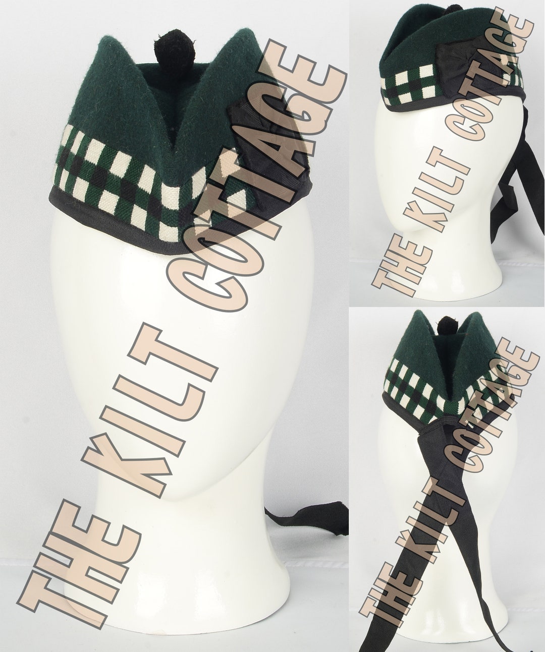 Scottish Glengarry Bonnet Hat - Green Black White Diced - 100% Wool ...